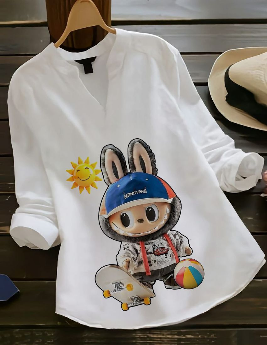 Women's White Rayon Top – Labubu Skateboard Bunny Print – Indrani Studio